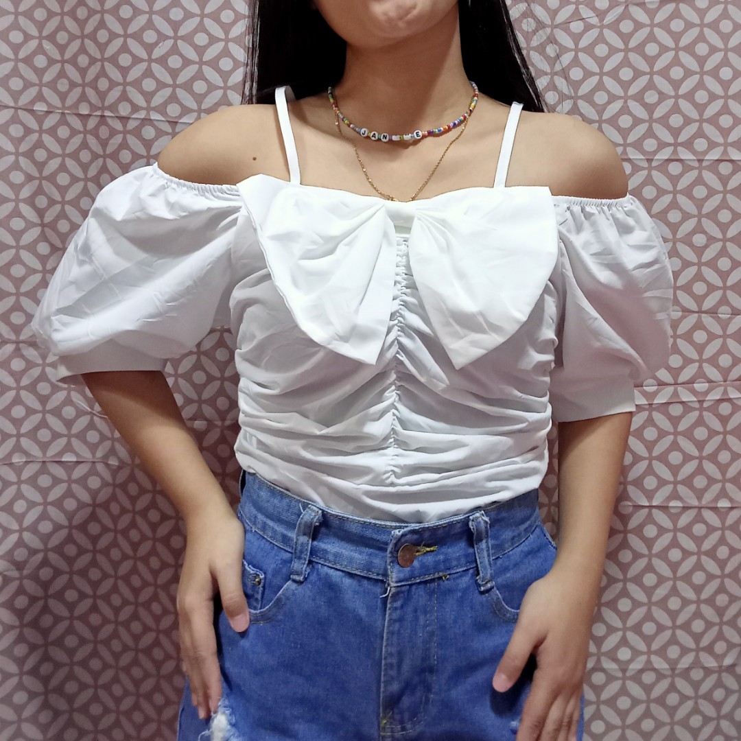 White off-shoulder puff sleeve, Women's Fashion, Tops, Blouses on Carousell