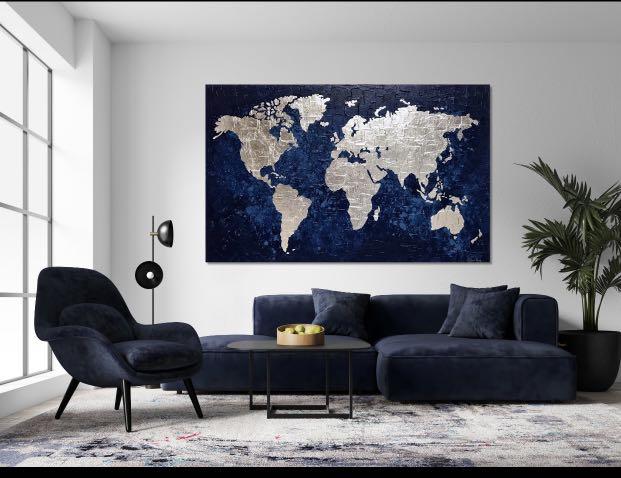 World map, silver leaf painting, large canvas, silver world map art ...