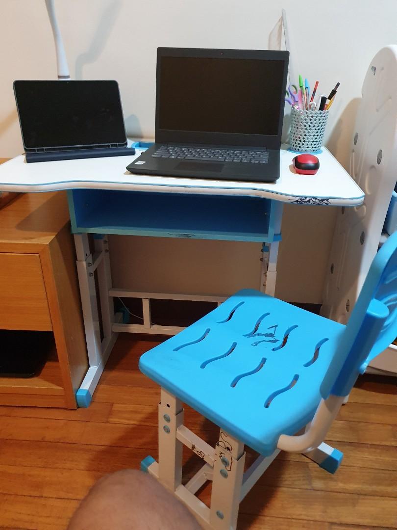 Children kids boys study table and chair blue color height adjustable ...
