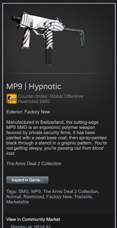 CSGO Skins MP9 Hypnotic FN 66% mp, Video Gaming, Video Games, Others on Carousell