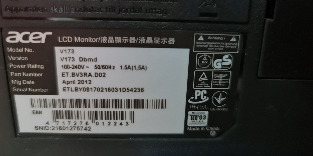 Acer Monitor V173, Computers & Tech, Desktops on Carousell