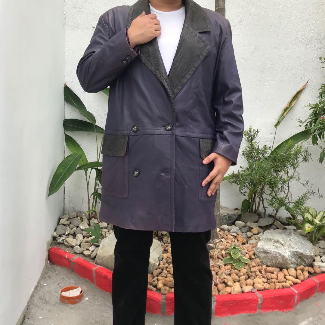 Dark Violet Leather Long Coat, Men's Fashion, Coats, Jackets and ...