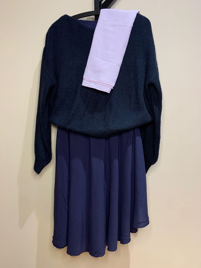 Set Knitwear & Maxi Dress Blue, Women's Fashion, Muslimah Fashion ...