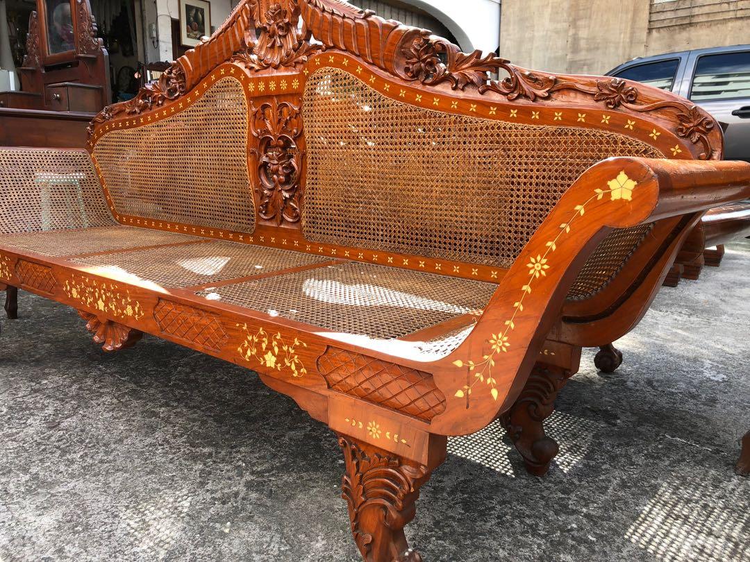 Vintage Narra Wood Cleopatra Divan Bone Inlaid Sulihiya With Carving ...