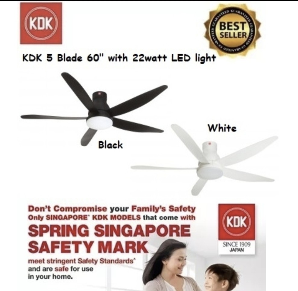 KDK U60FW 5 Blade 60 DC Motor Ceiling Fan with 22W LED Light, Furniture ...