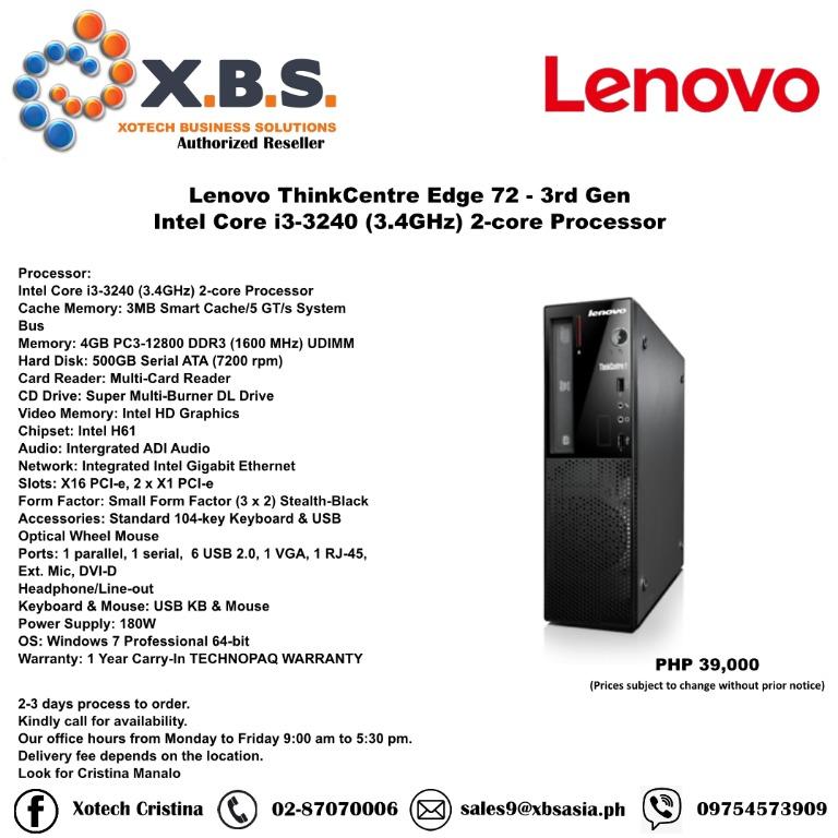 Lenovo ThinkCentre Edge 72 - 3rd Gen Intel Core i3-3240 (3.4GHz) 2-core ...