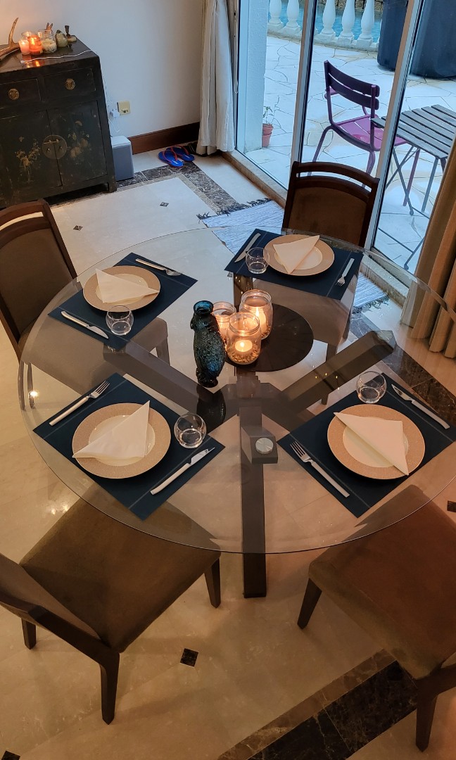 Round Dining table (150 cm diameter) with 6 chairs for sale. Solid wood ...