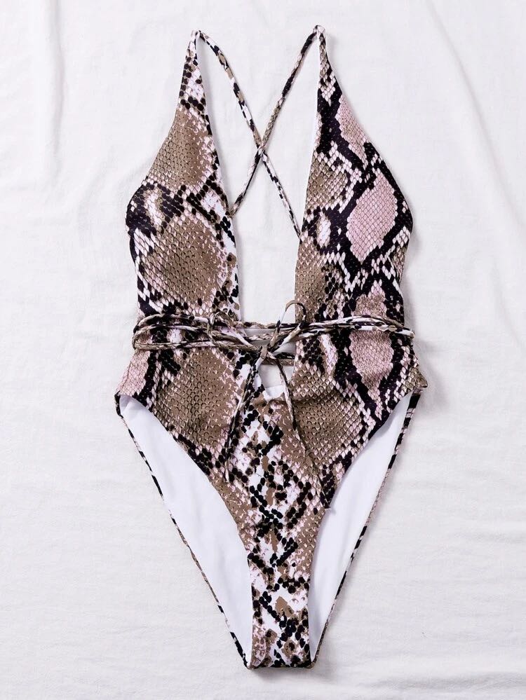 SHEIN Snake Skin Sexy One Piece Bikini Swimsuit, Women's Fashion ...