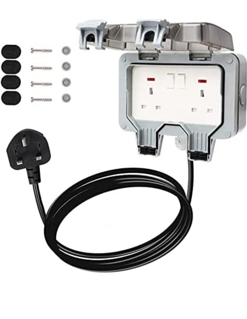 Weatherproof Outdoor Double Socket with 10FT/3M Extension Cable, Wall ...
