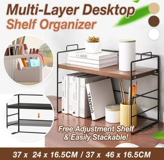 1/2/3 Tiers Desktop Shelf Organizer Adjustable Wood Display Desk Shelf ...