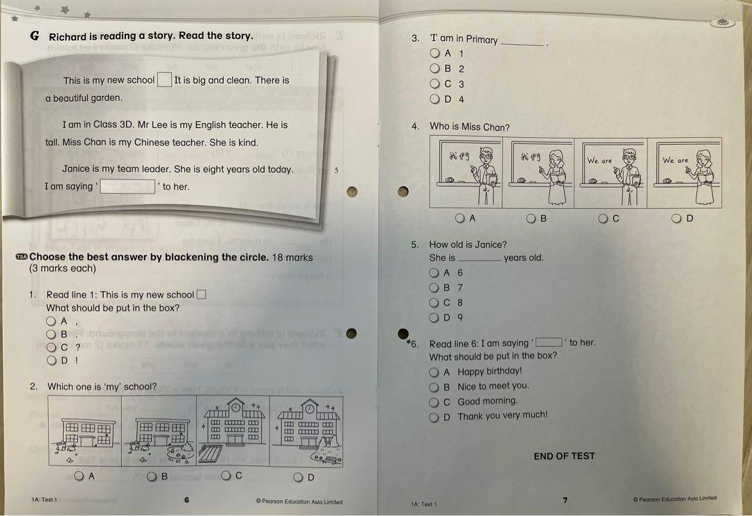 小一英文練習 培生測驗卷 Pearson English test papers 1A1B, 興趣及遊戲, 書本 & 文具, 書本及雜誌 ...