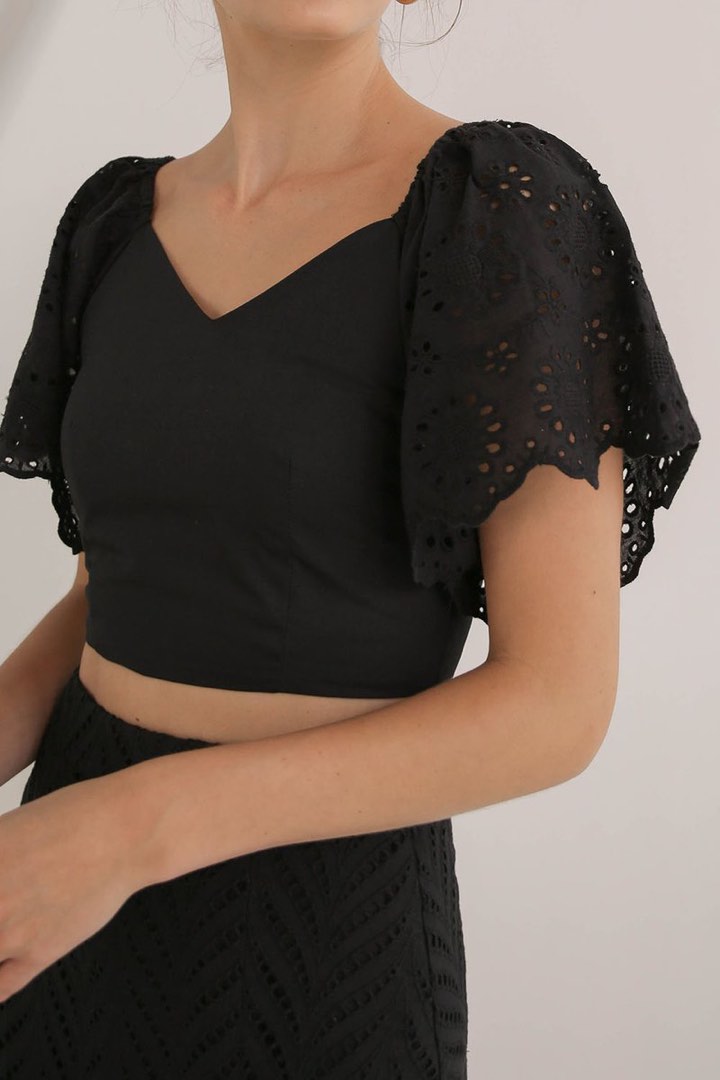 Ariane eyelet flutter crop top in black, Women's Fashion, Tops, Blouses ...