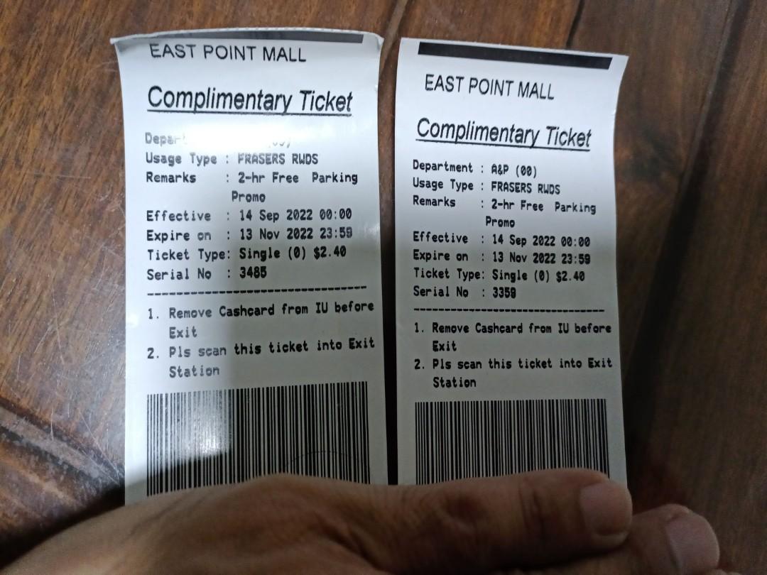 East point mall complimentary ticket 1 for 1 2hr free parking, Tickets ...
