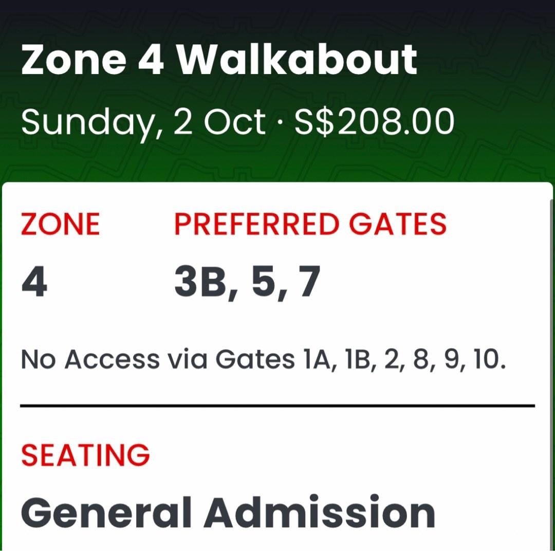 F1 Sunday - Zone 4 Walkabout (1 ticket) Singapore GP, Tickets ...