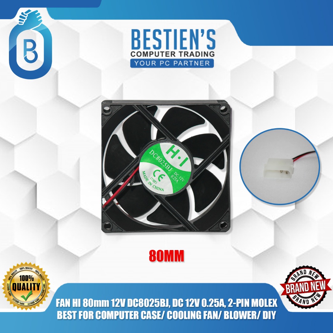 FAN HI 80mm 12V DC8025BJ, DC 12V 0.25A, 2-PIN MOLEX, BEST FOR COMPUTE ...