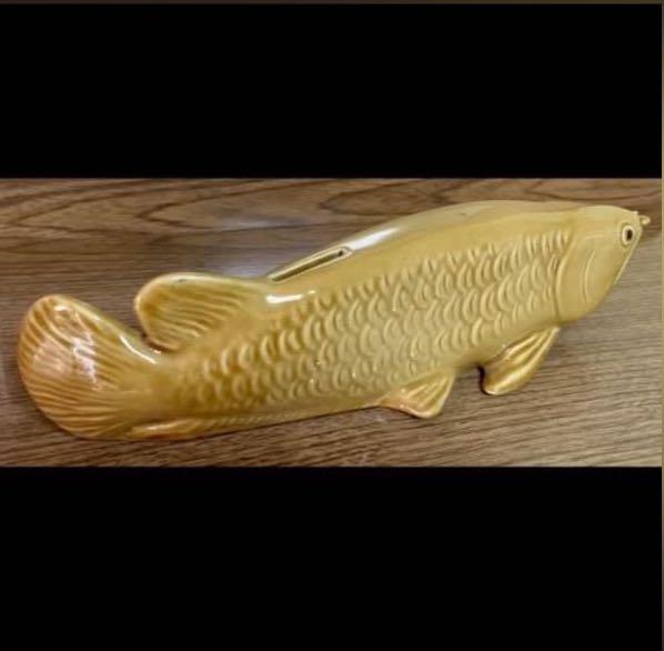 1980s Golden ceramic arowana fish coin bank 39cm long - by Guinness ...