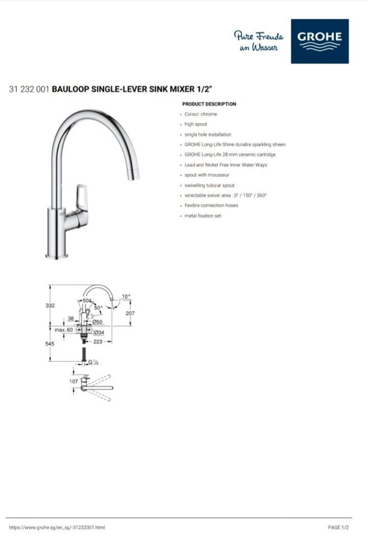 Grohe Kitchen mixer 31232001, Furniture & Home Living, Bathroom ...