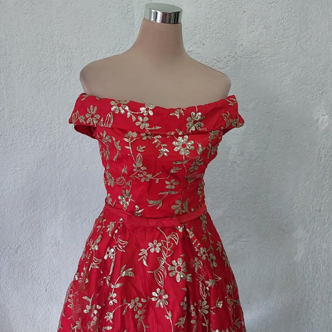 Red and gold dress midi gown tea length gown below the knee retro gown ...