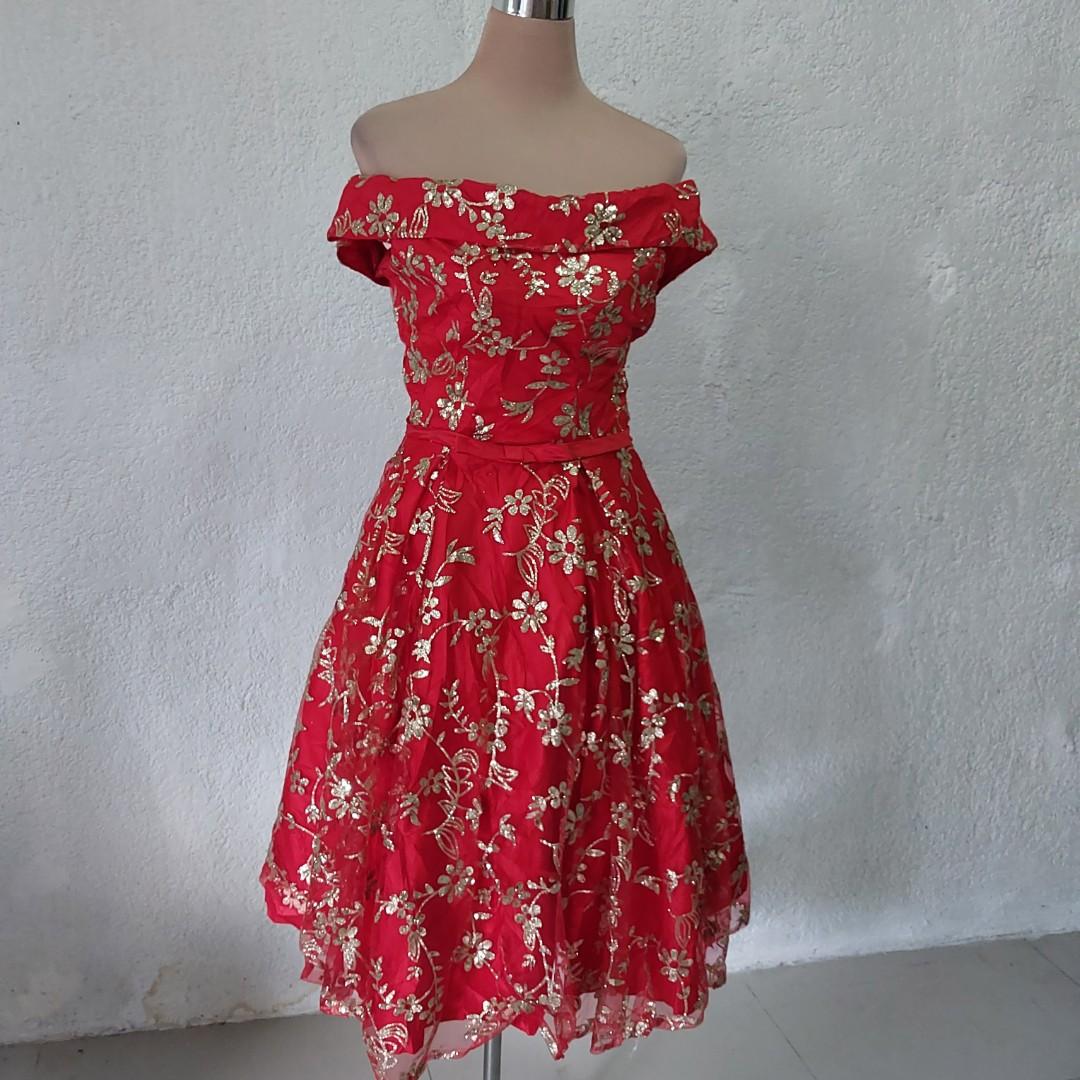 Red and gold dress midi gown tea length gown below the knee retro gown ...