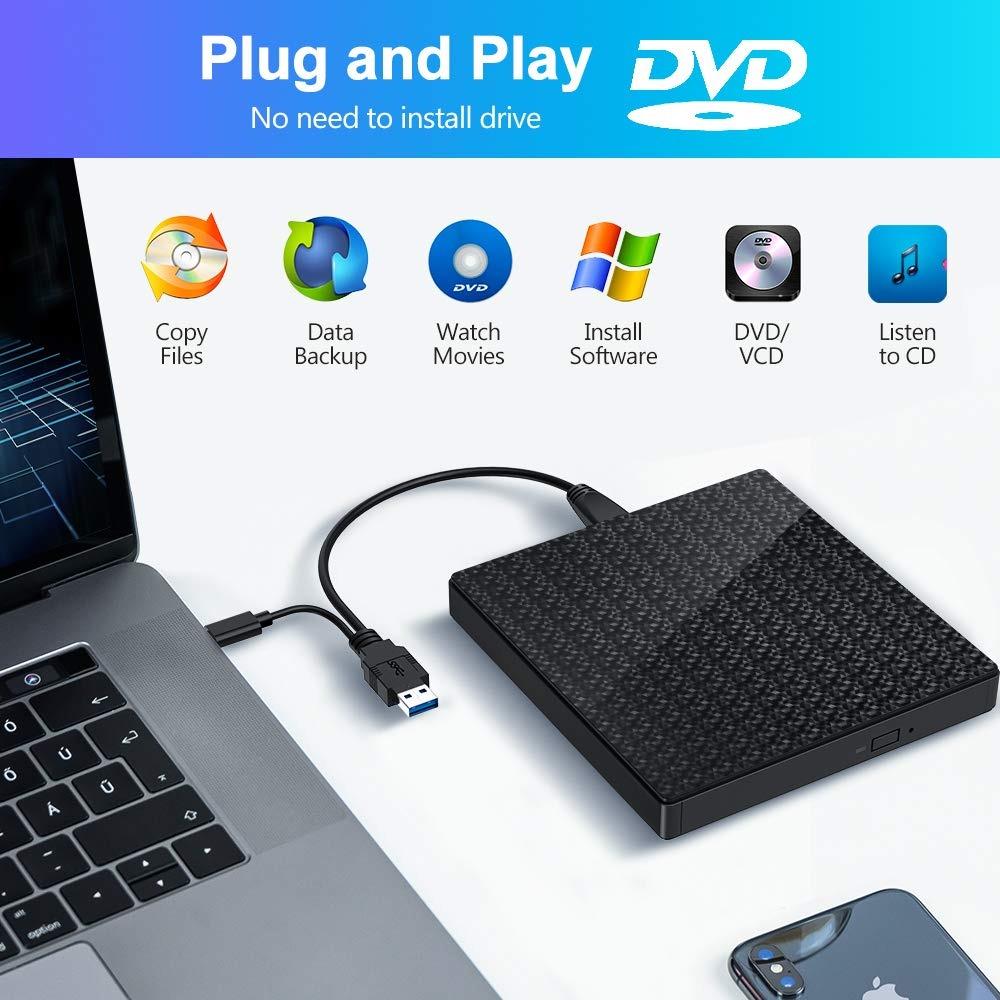 STRENTER External CD DVD Drive, USB 3.0 Type C Dual Port Reader Slim ...