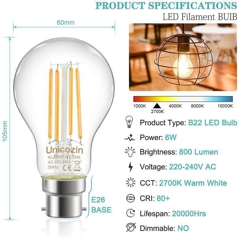 Unicozin LED B22 Bayonet Cap Light Bulbs, 6W 800LM, 60W Incandescent ...