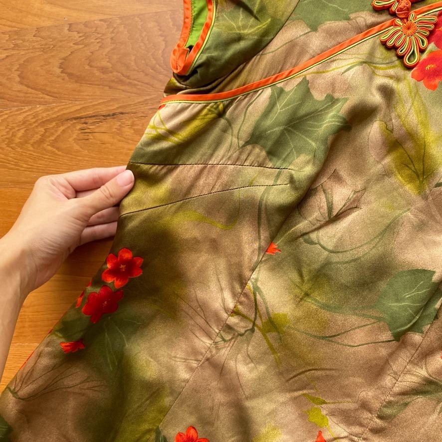 Vintage 1980s Sage Green Orange Floral Cheongsam Qipao Dress, Women's ...