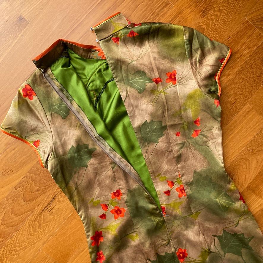 Vintage 1980s Sage Green Orange Floral Cheongsam Qipao Dress, Women's ...