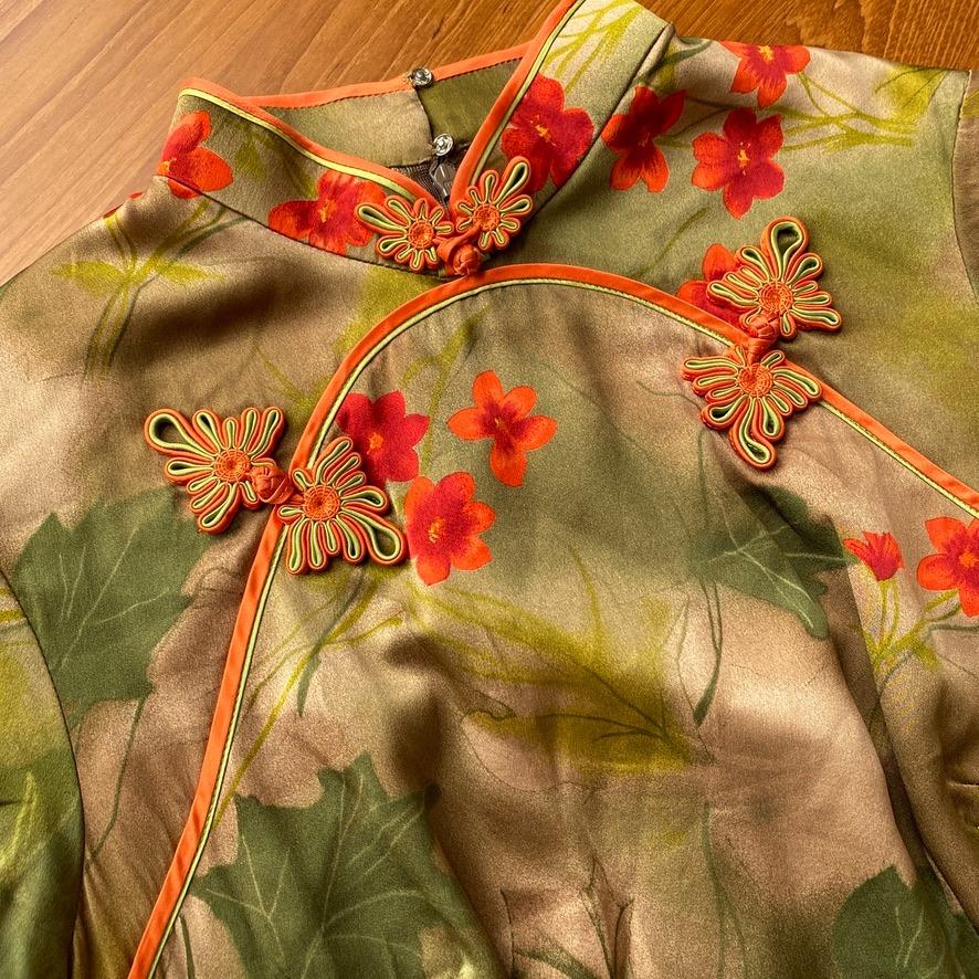 Vintage 1980s Sage Green Orange Floral Cheongsam Qipao Dress, Women's ...