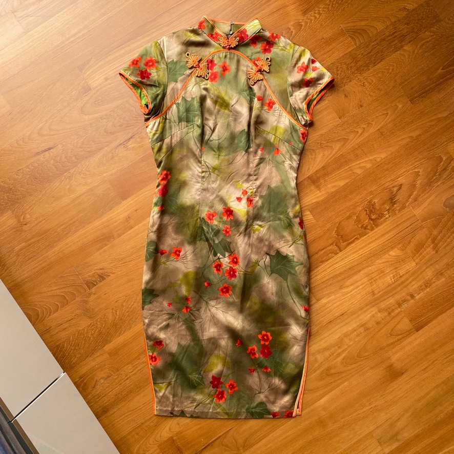 Vintage 1980s Sage Green Orange Floral Cheongsam Qipao Dress, Women's ...