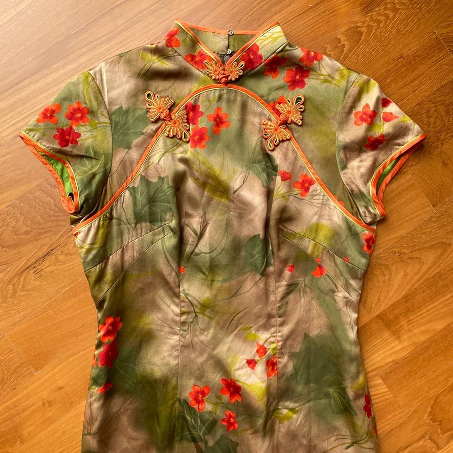 Vintage 1980s Sage Green Orange Floral Cheongsam Qipao Dress, Women's ...