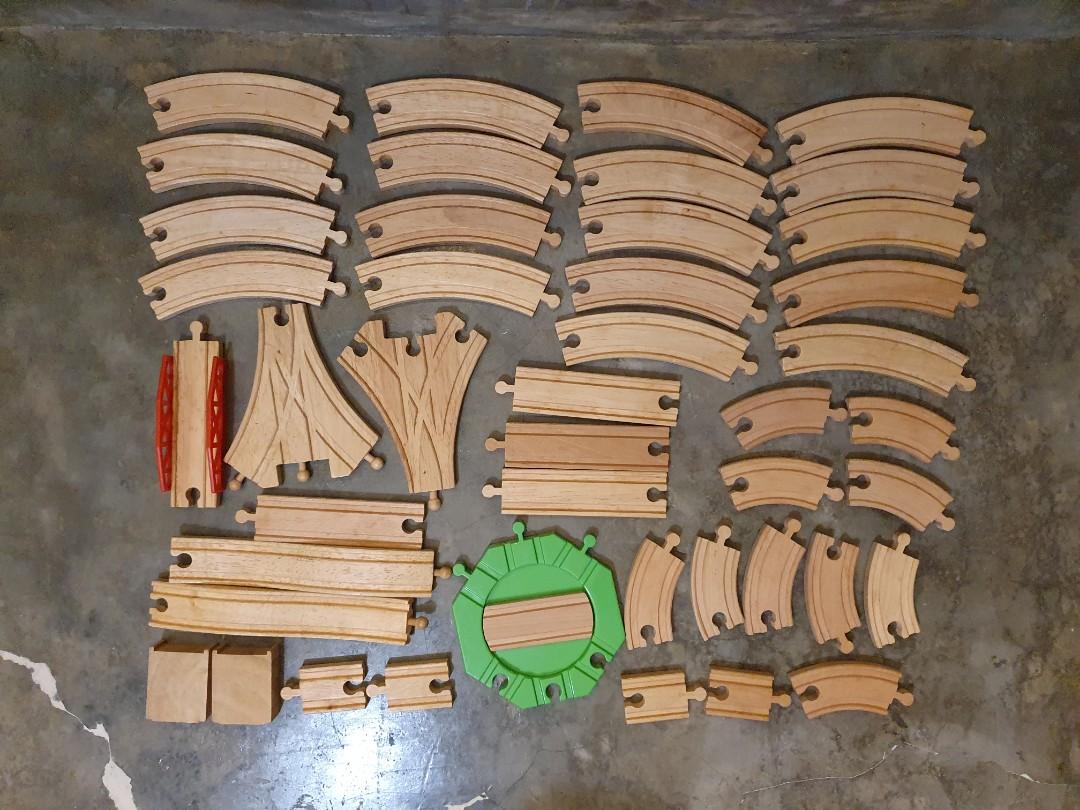 Wooden toy train tracks and trains + Pipe building blocks + Barrel of ...