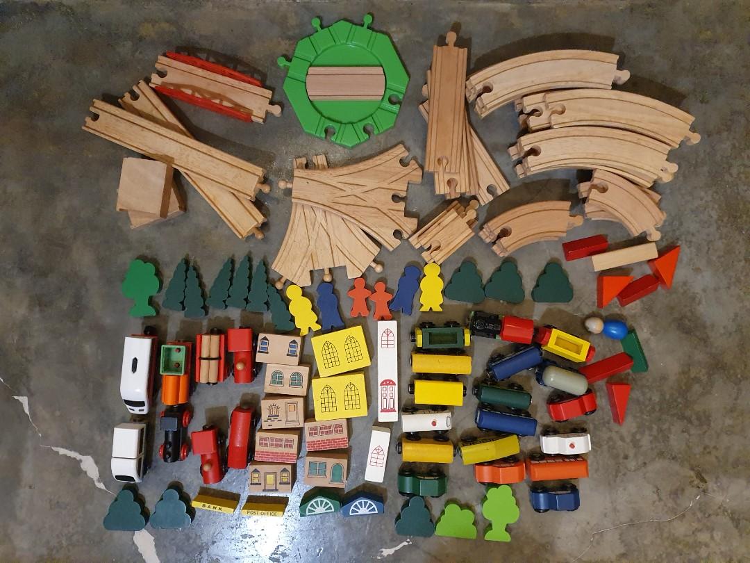 Wooden toy train tracks and trains + Pipe building blocks + Barrel of ...