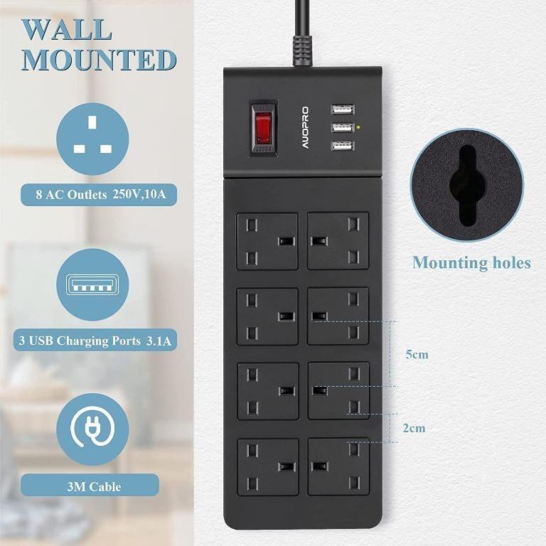 8 Way Extension Lead 3M, Multiple Plug Power Strip with 3 USB Charging ...