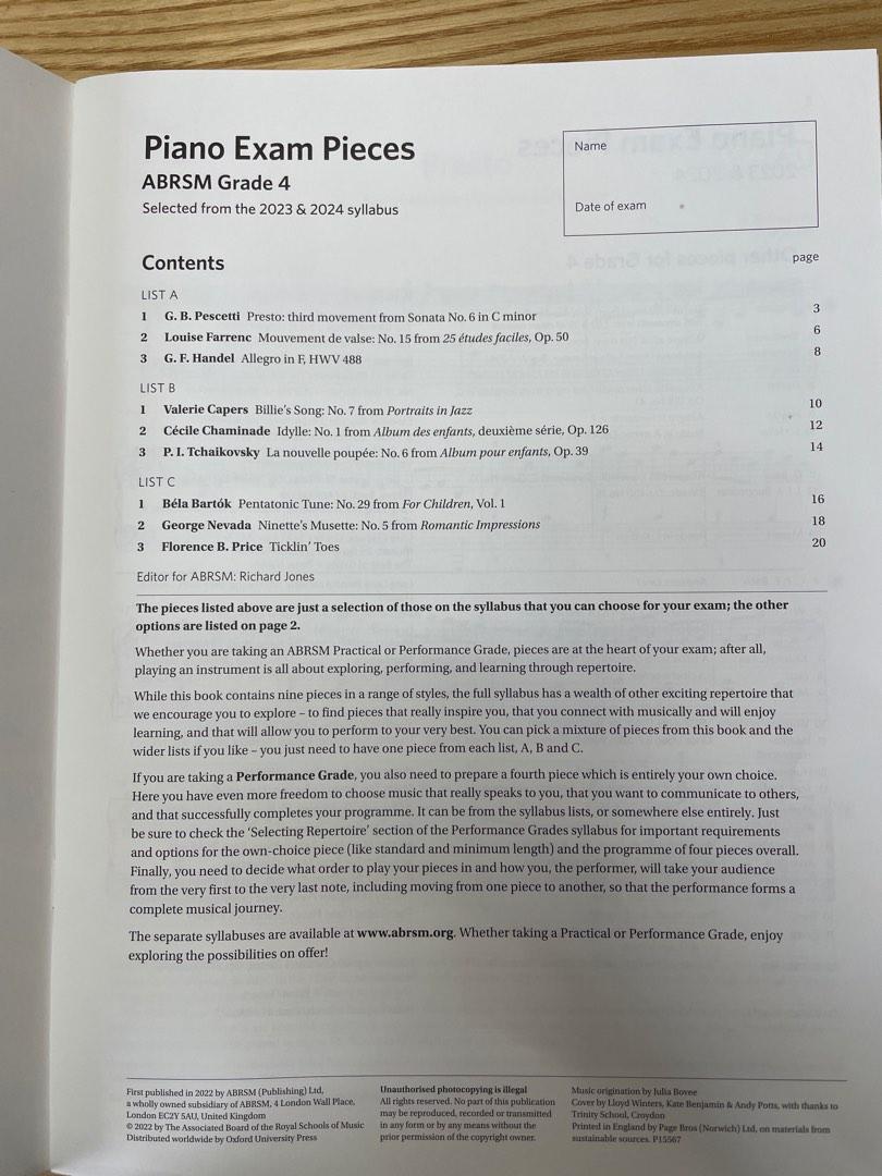ABRSM 2023&2024 grade 4 piano exam pieces, 興趣及遊戲, 書本 & 文具, 教科書 - Carousell
