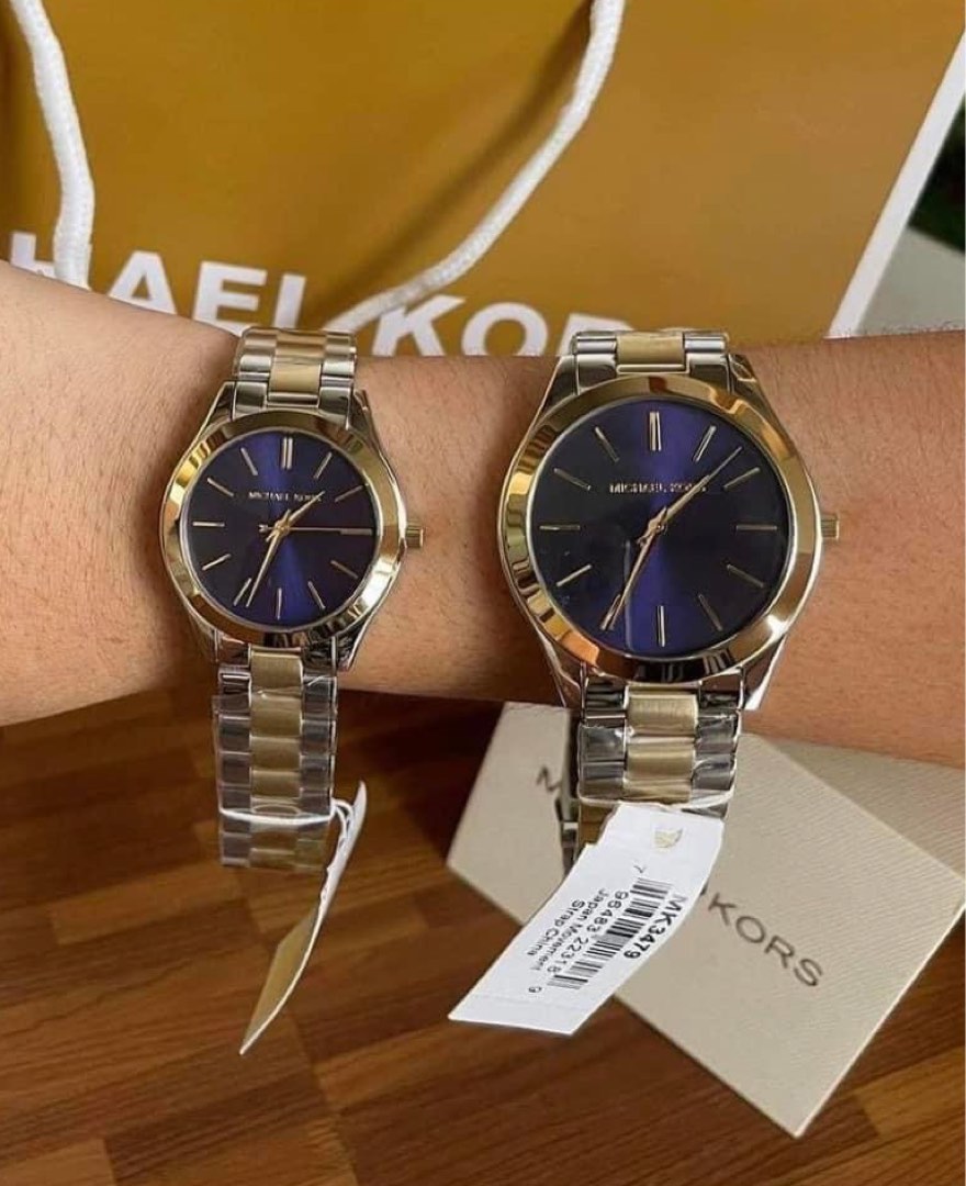 MK COUPLE TWO TONE SLIM RUNWAY BLIE DIAL AUTHENTIC WATCH, Women's ...
