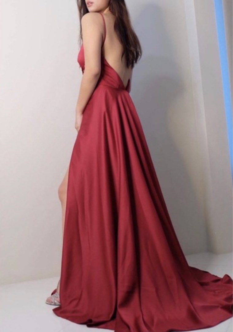 Red slit long gown, Women's Fashion, Dresses & Sets, Evening dresses ...