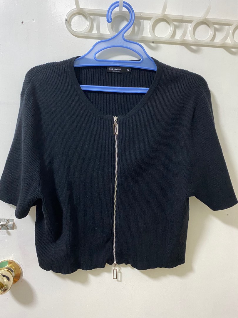 SHEIN plus size curve knitted black double zipper top, Women's Fashion ...