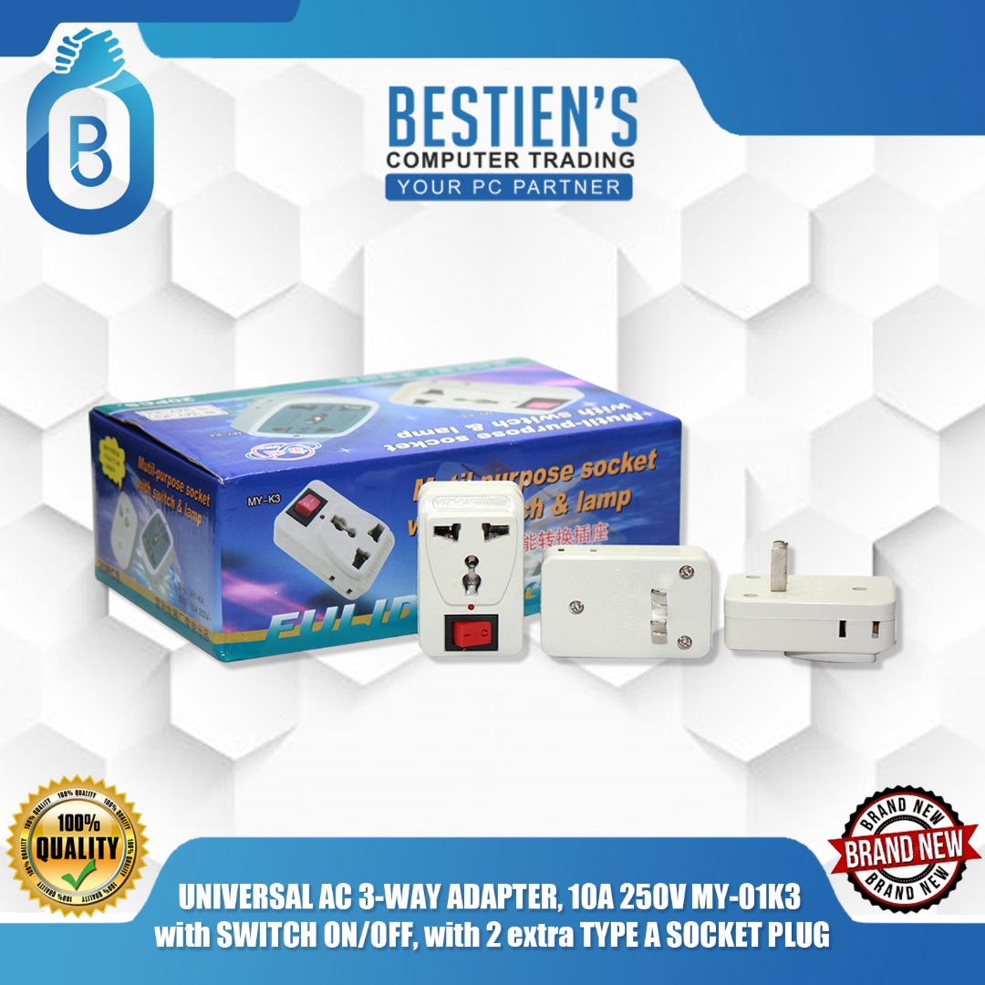 UNIVERSAL AC 3-WAY ADAPTER, 10A 250V MY-01K3 with SWITCH ON/OFF, with 2 ...