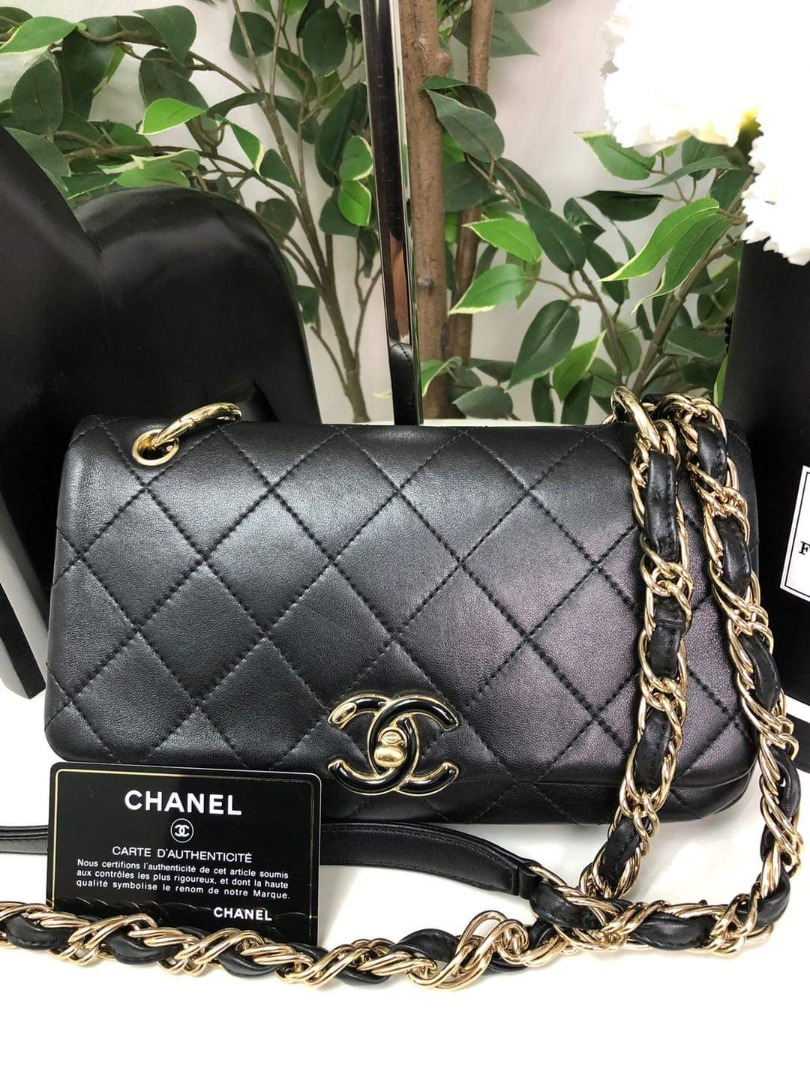 100% Authentic Chanel Seasonal Flap Lambskin Black Black Enamel Dual ...