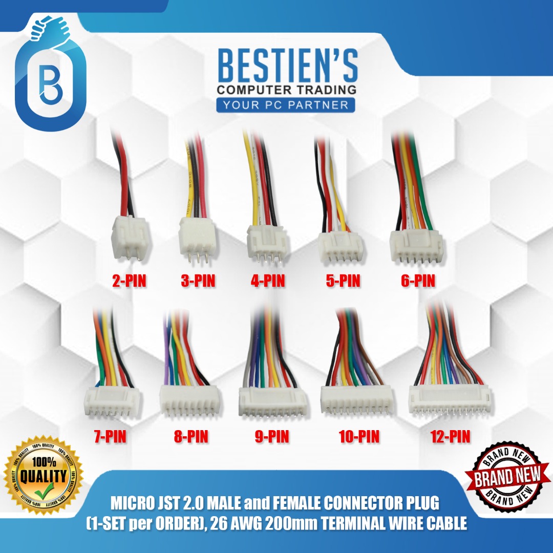 MICRO JST 2.0 MALE and FEMALE CONNECTOR PLUG (1-SET per ORDER), 26 AWG ...