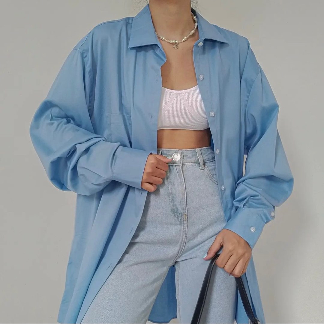 Sky Blue Oversized Button Down Polo, Women's Fashion, Tops, Longsleeves ...