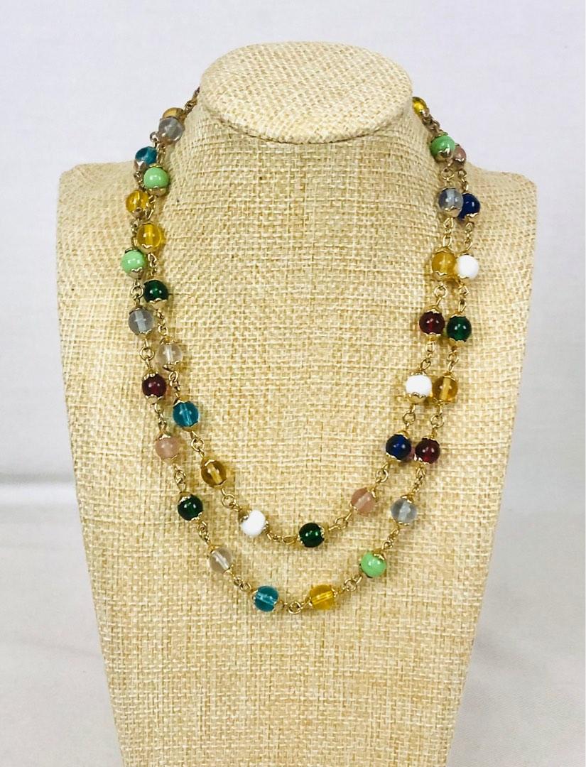 Vintage Gold Tone Long Necklace With Multi Colored Beads Womens