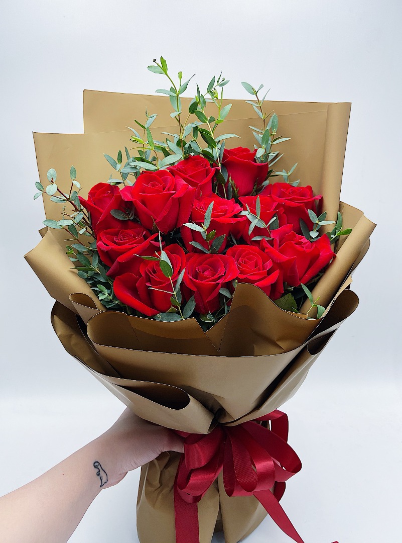 Amber Amour | 12 Red Roses & Eucalyptus (Floral Bouquet), Hobbies ...