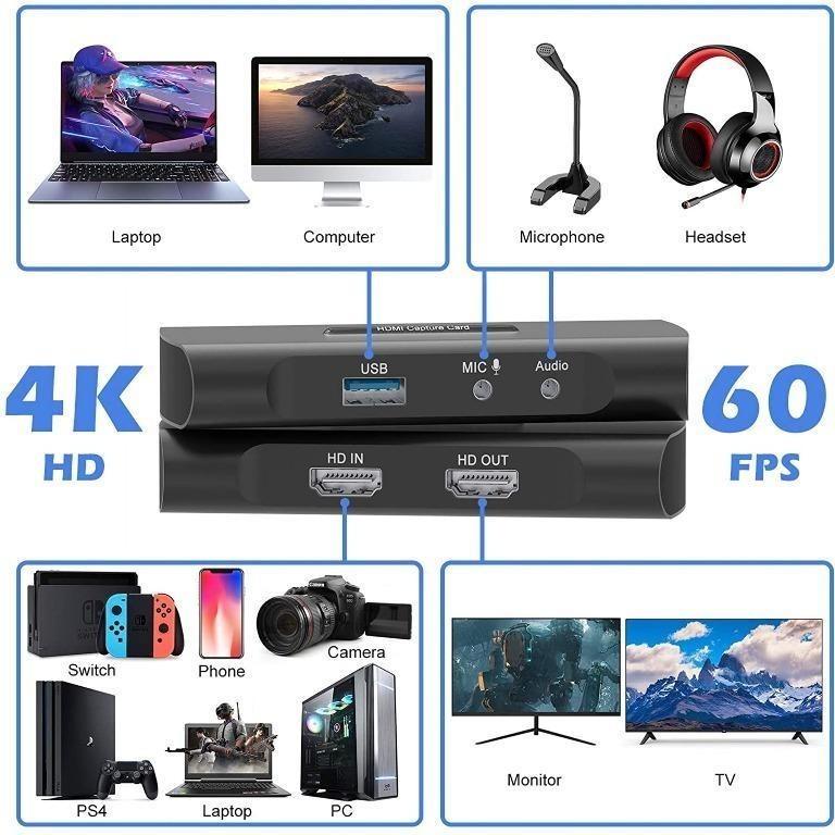 Audio Video Capture Card 4K 1080P 60fps HDMI to USB3.0 Game Capture ...