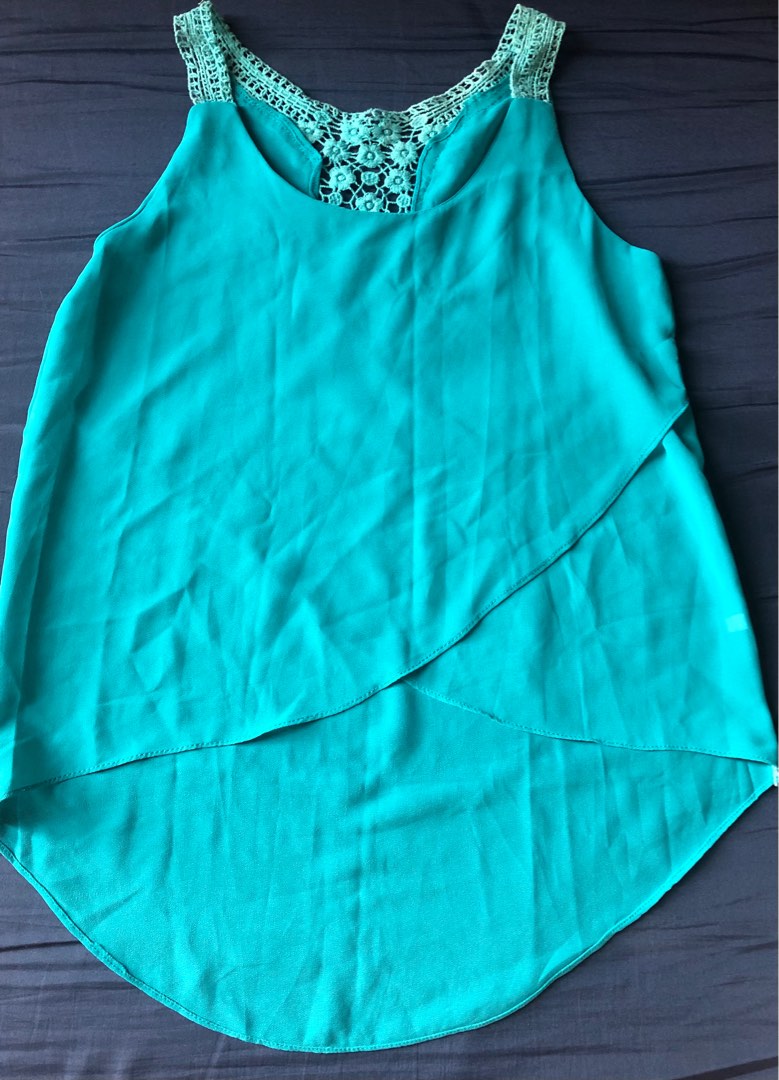 Blue green top with crochet details, Women's Fashion, Tops, Sleeveless ...