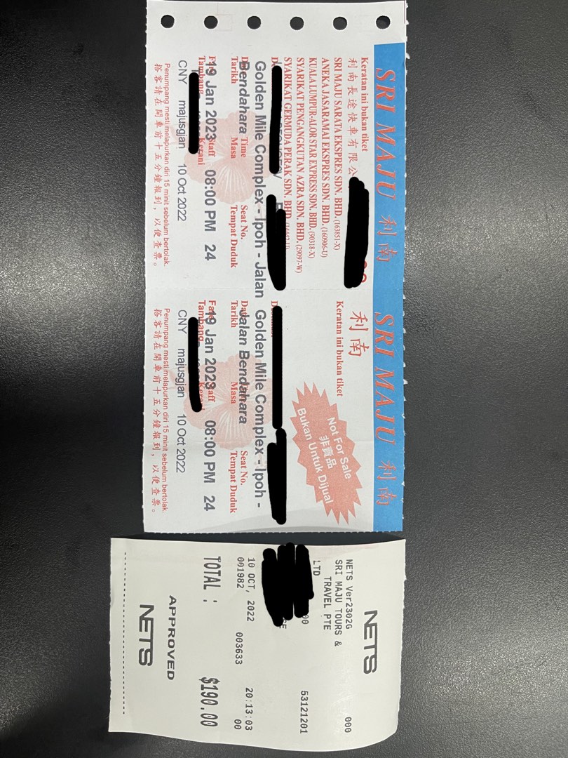 Bus ticket from SG - IPOH 19th/JAN/2023, Tickets & Vouchers, Local ...