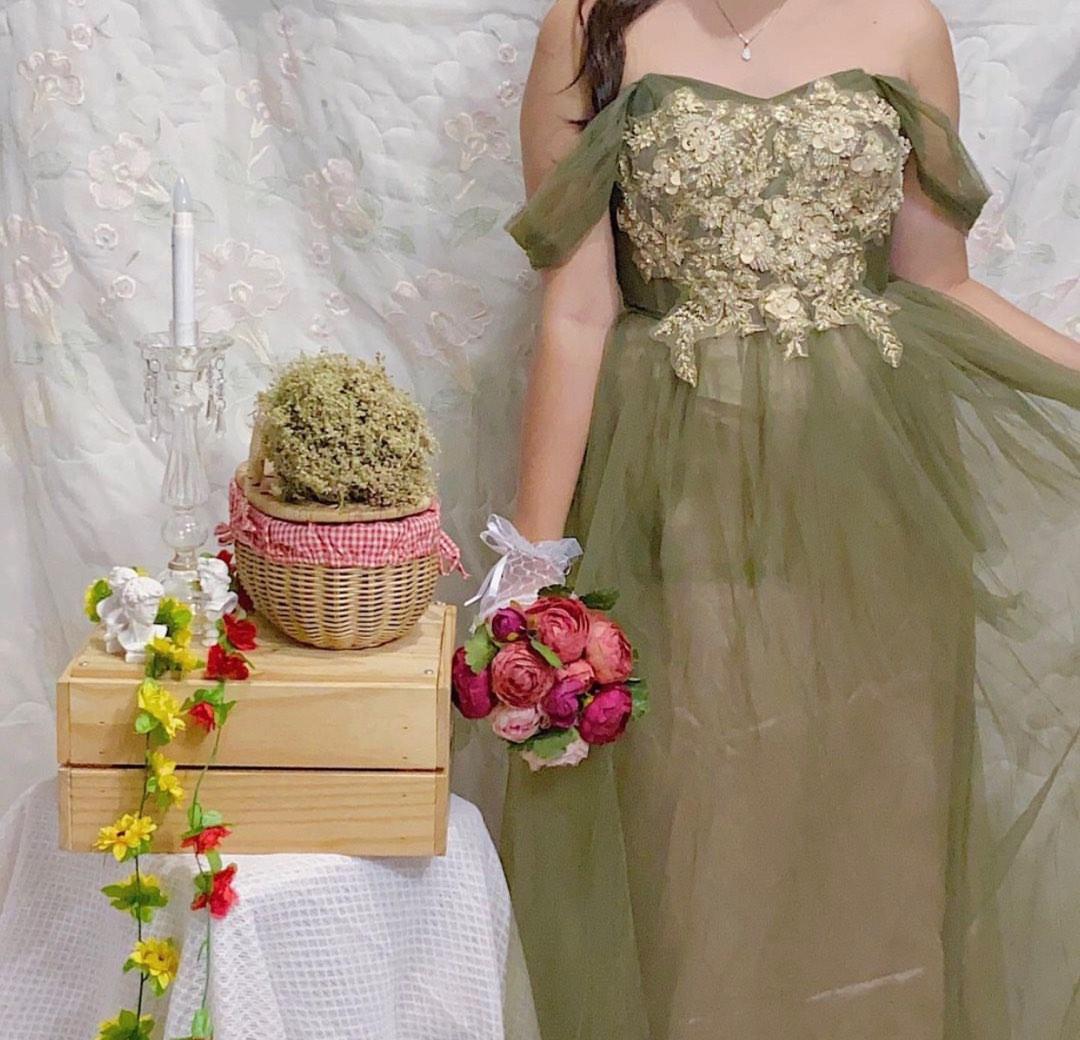 Green Floral Gown Chiffon Prom Dress, Fesyen Wanita, Pakaian Wanita ...