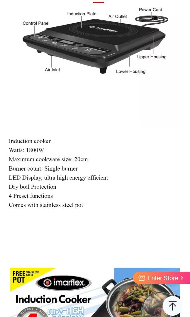 Imarflex Induction Cooker IDX1000 Single Burner, TV & Home Appliances ...