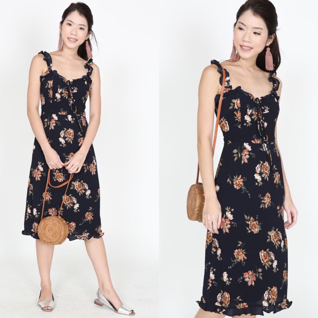 MDS Collections Lobelia Frill Dress in Navy, Women's Fashion, Dresses & Sets, Dresses on Carousell