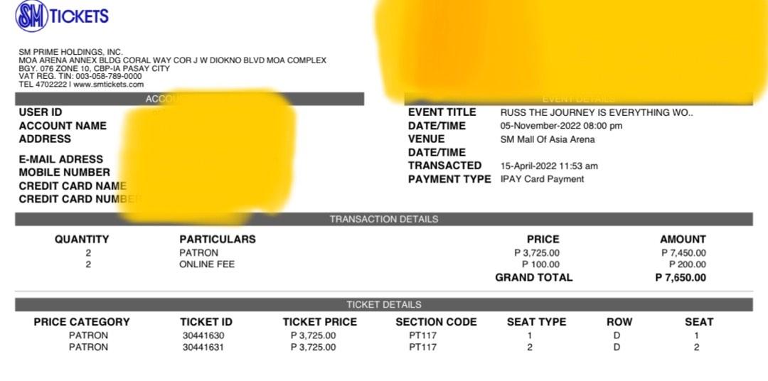 Russ Concert Patron Ticket, Tickets & Vouchers, Event Tickets on Carousell